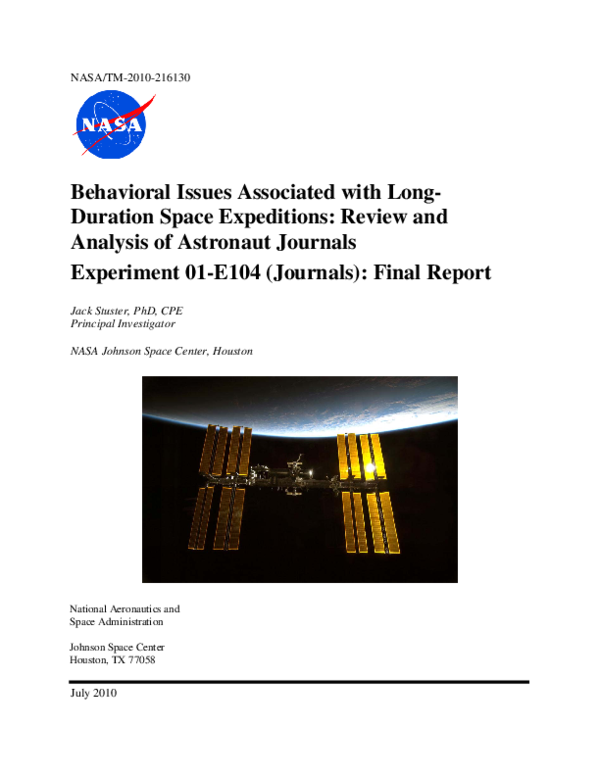 (PDF) Behavioral Issues Associated With Long Duration Space Expeditions ...