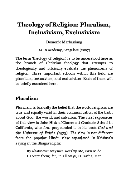(PDF) Theology of Religion: Pluralism, Inclusivism, Exclusivism