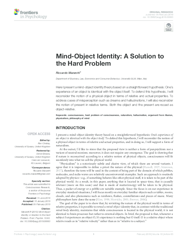 (PDF) The Mind-Object Identity: A Solution to the Hard Problem of ...
