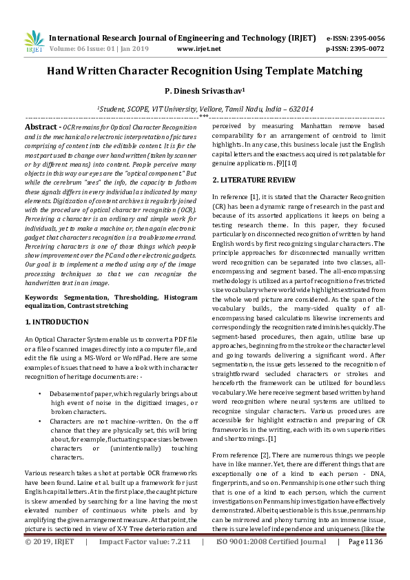 Pdf Irjet Hand Written Character Recognition Using Template Matching