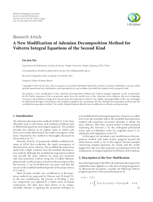 Pdf A New Modification Of Adomian Decomposition Method For Solving A