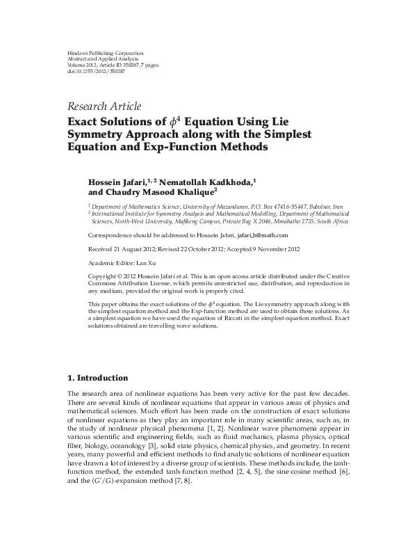 (PDF) Exact Solutions of ${ varphi }^{ mathbf{4}}$ Equation Using Lie Symmetry Approach along ...