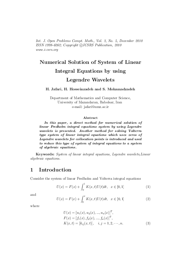 (PDF) Numerical solution of system of linear integral equations by using Legendre wavelets