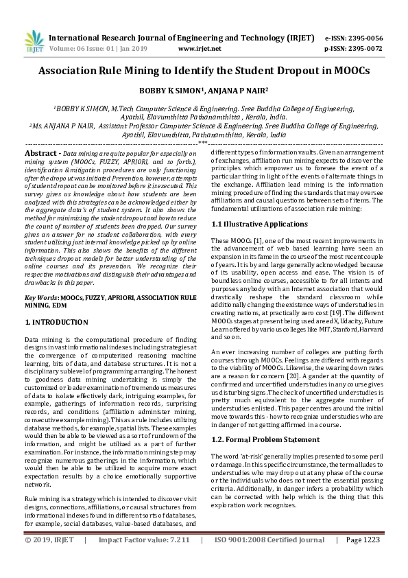 (PDF) IRJET-Association Rule Mining to Identify the Student Dropout in MOOCS