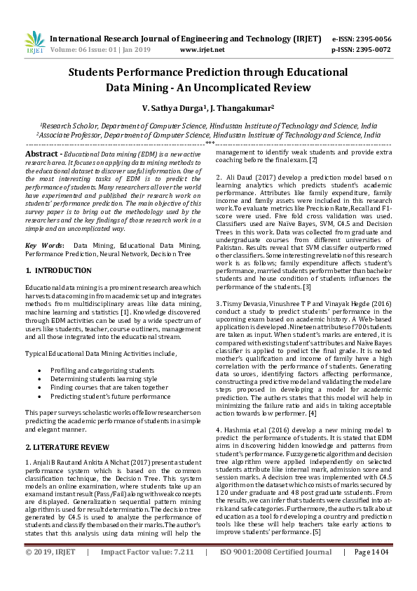 (PDF) IRJET-Students Performance Prediction through Educational Data Mining - An Uncomplicated ...