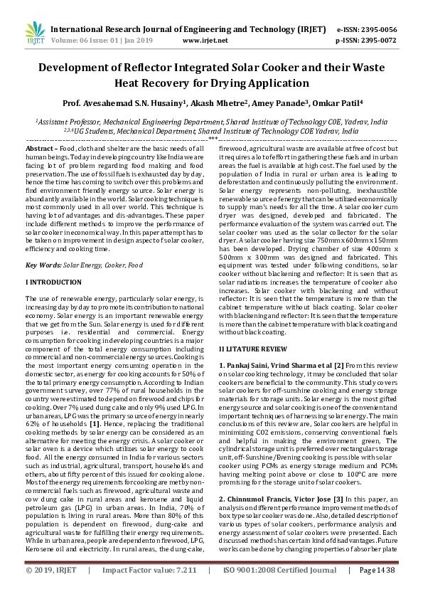 (PDF) IRJET-Development of Reflector Integrated Solar Cooker and their ...