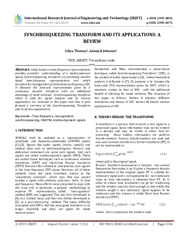 (PDF) IRJET-Synchrosqueezing Transform and its Applications: A Review