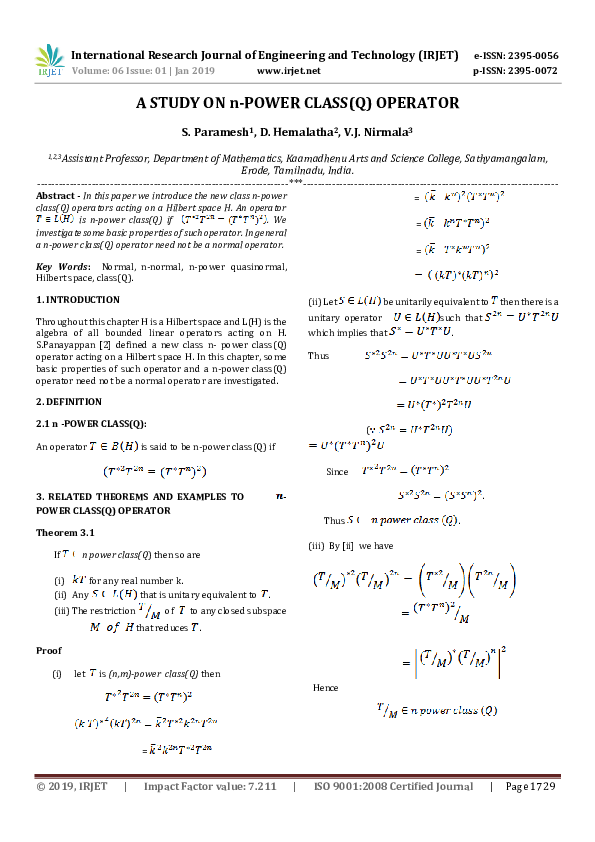 (PDF) IRJET-A Study on N-Power Class(Q) Operator