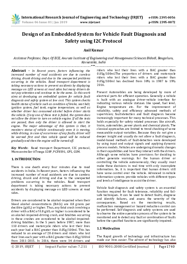 (PDF) IRJET-Design of an Embedded System for Vehicle Fault Diagnosis and Safety using I2C Protocol