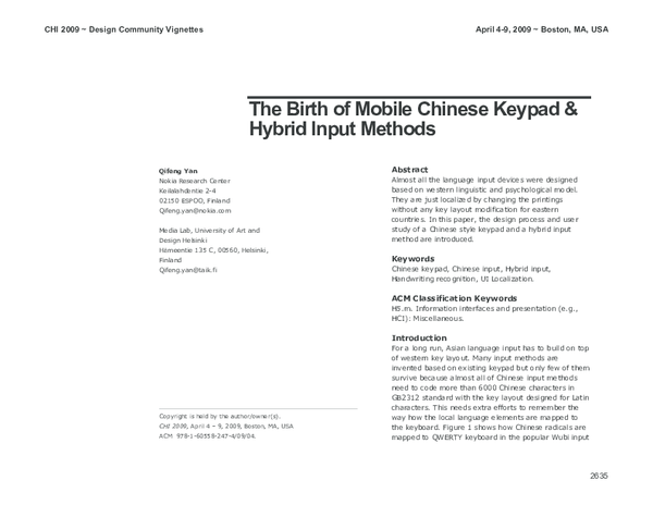 (PDF) CHI2009 The Birth of Mobile Chinese Keypad & Hybrid Input Methods