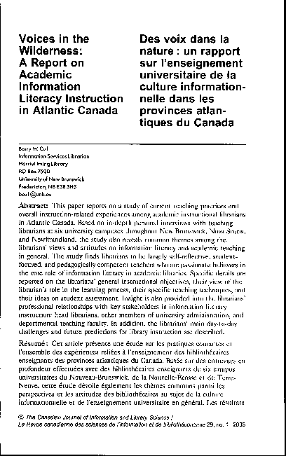 (PDF) Voices in the Wilderness: A Report on Academic Information ...