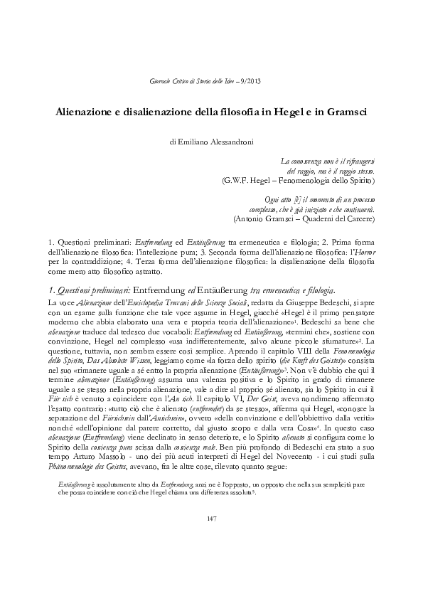 (PDF) Alienazione e disalienazione della filosofia in Hegel e in Gramsci