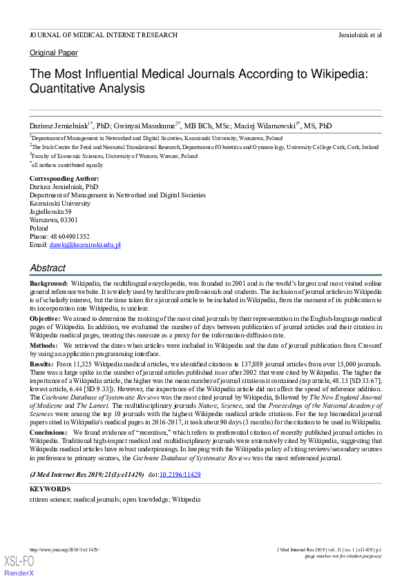 (PDF) The Most Influential Medical Journals According to Wikipedia ...