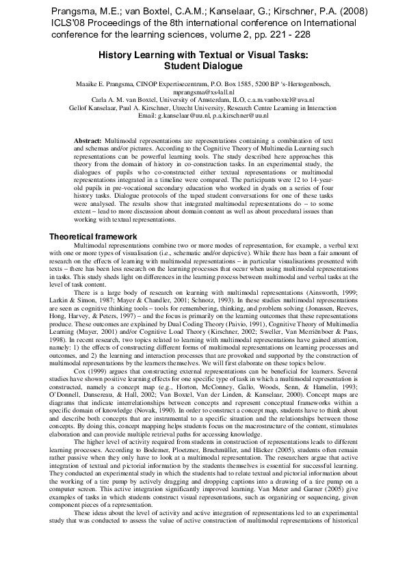 (PDF) History learning with visualization tasks. Student dialogue and ...