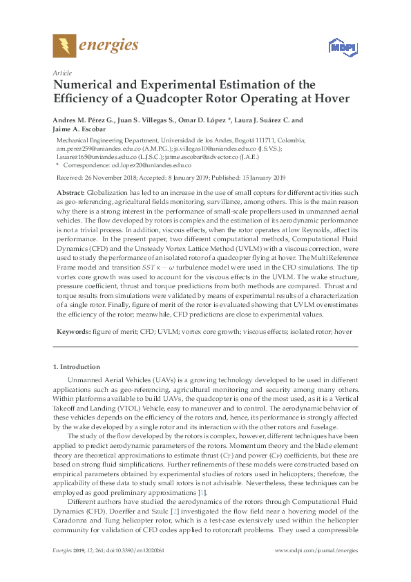 (PDF) Numerical and Experimental Estimation of the Efficiency of a Quadcopter Rotor Operating at ...