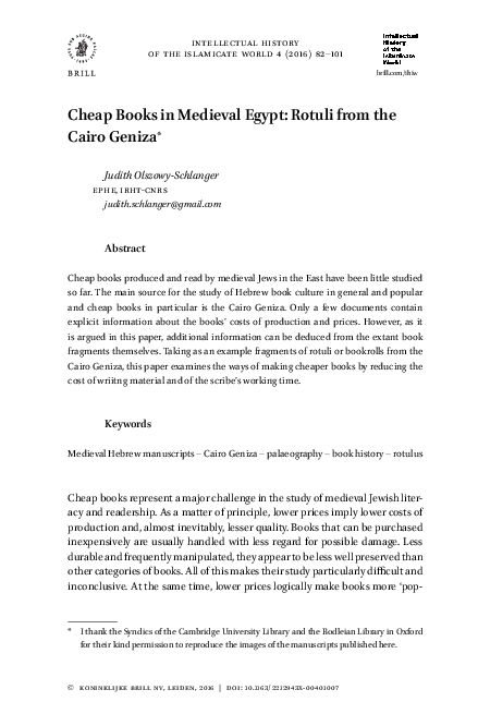 (PDF) Judith Olszowy-Schlanger, “Cheap Books in Medieval Egypt: Rotuli ...