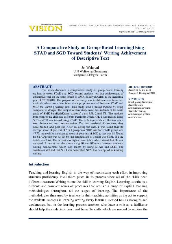 (PDF) A Comparative Study on Group-Based LearningUsing STAD and SGD Toward Students’ Writing ...
