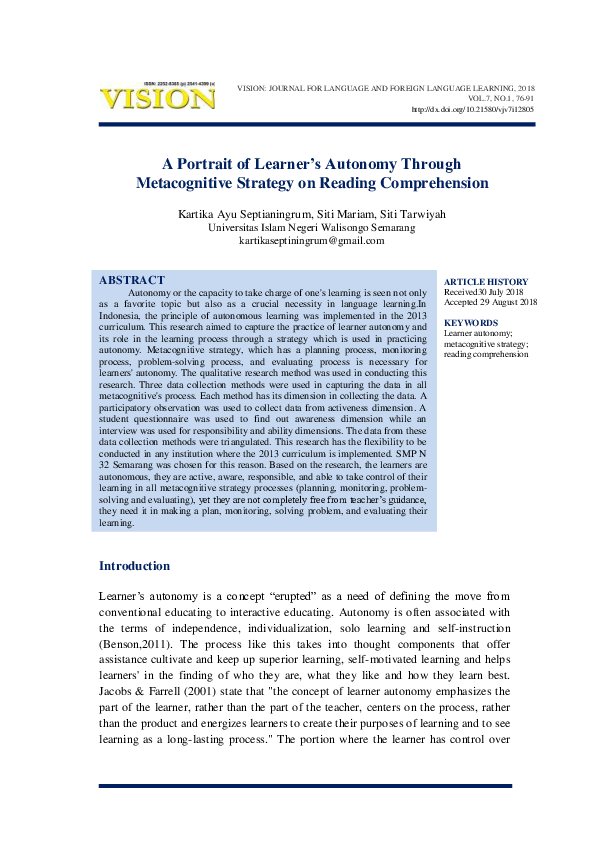 (PDF) A Portrait of Learner’s Autonomy Through Metacognitive Strategy on Reading Comprehension