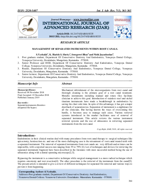 (PDF) MANAGEMENT OF SEPARATED INSTRUMENTS WITHIN ROOT CANALS.