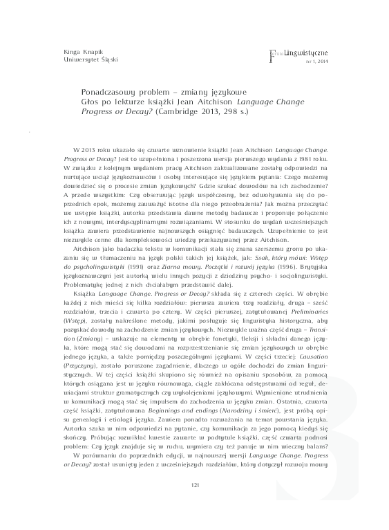 (PDF) Kinga Knapik, Ponadczasowy problem – zmiany językowe Głos po lekturze książki Jean ...