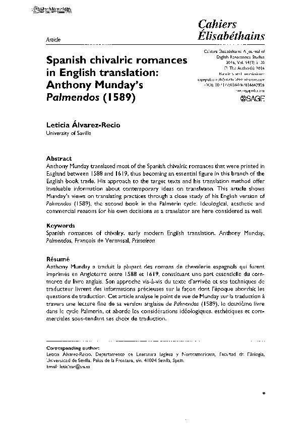 (PDF) Spanish Chivalric Romances in English Translation: Anthony Munday ...