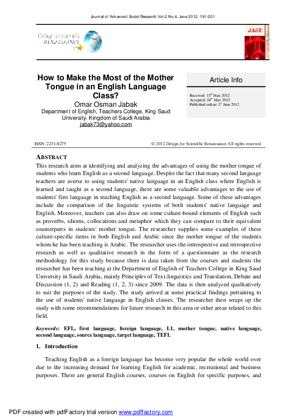 (PDF) How to Make the Most of the Mother Tongue in an English Language ...