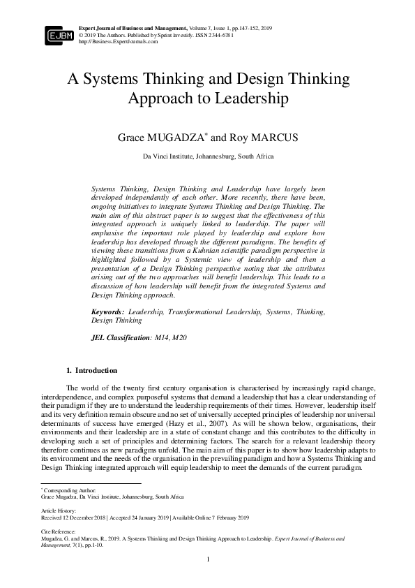 (PDF) A Systems Thinking and Design Thinking Approach to Leadership