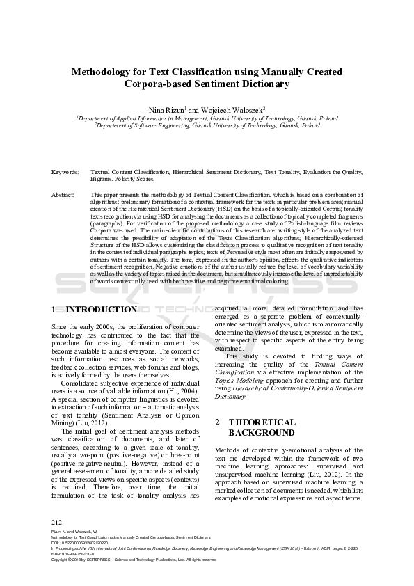 Pdf Methodology For Text Classification Using Manually Created Corpora Based Sentiment Dictionary