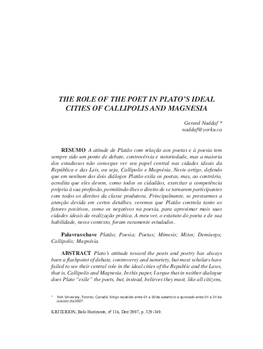 (PDF) The Role of the Poet in Plato's Ideal Cities of Callipolis and ...