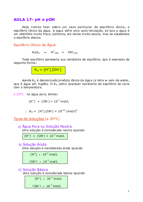 (PDF) Aula 17 - pH e pOH