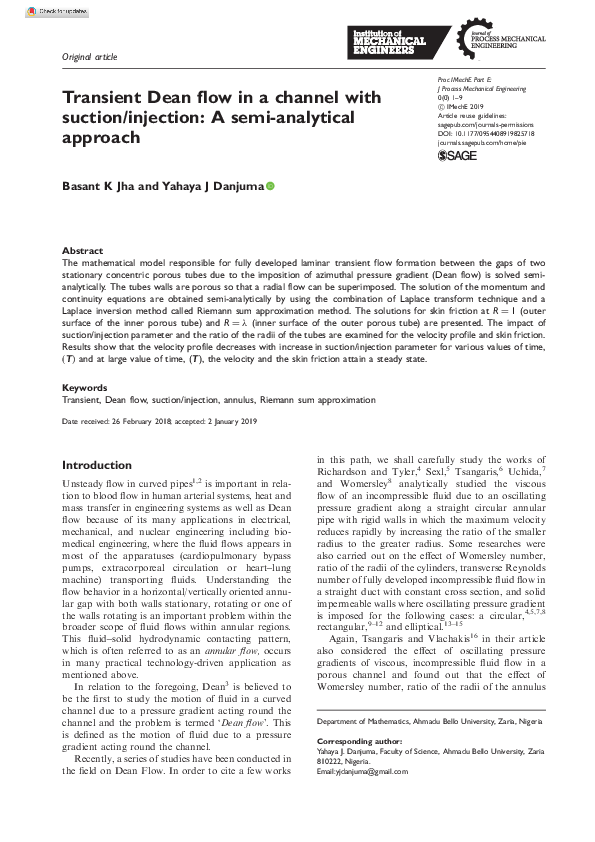 (PDF) Transient Dean Flow in a channel with Suction/Injection: a semi ...