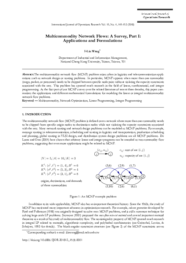 Pdf Multicommodity Network Flows A Survey Part I Applications And Formulations Wang I Lin