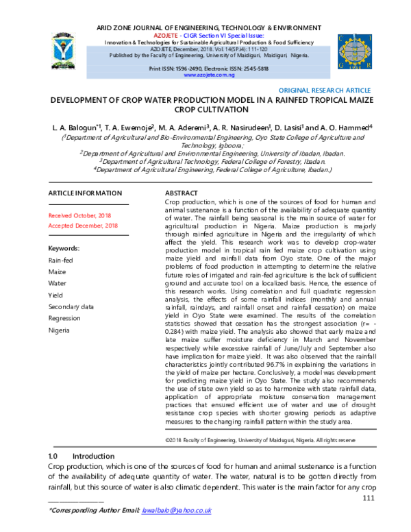 (PDF) DEVELOPMENT OF CROP WATER PRODUCTION MODEL IN A RAINFED TROPICAL ...