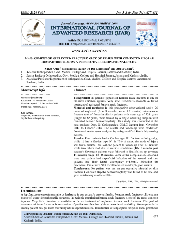 Pdf Cemented Bipolar Hemiarthroplasty For Neglected Hip Fractures