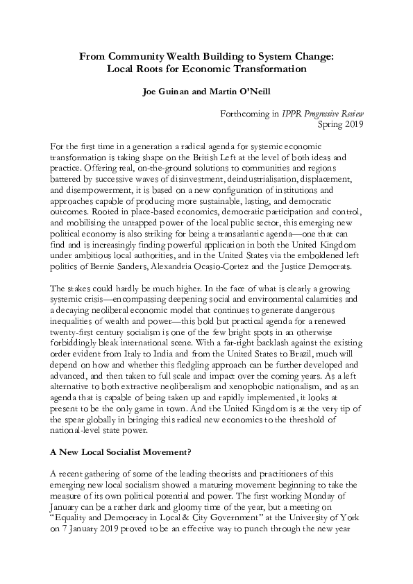 (PDF) Joe Guinan and Martin O'Neill (2019) - "From Community Wealth ...