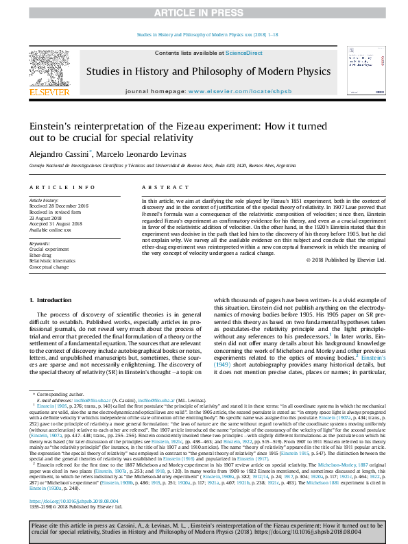 (PDF) Einstein's reinterpretation of the Fizeau experiment: How it ...