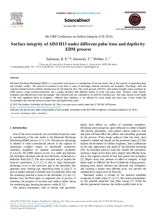 (PDF) Surface integrity of AISI H13 under different pulse time and depths by EDM process