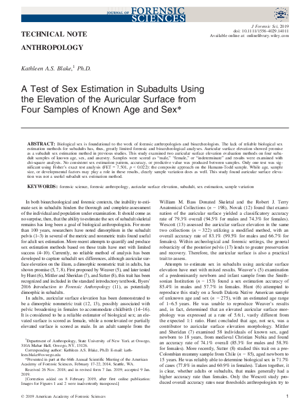 Pdf A Test Of Sex Estimation In Subadults Using The Elevation Of The Auricular Surface From