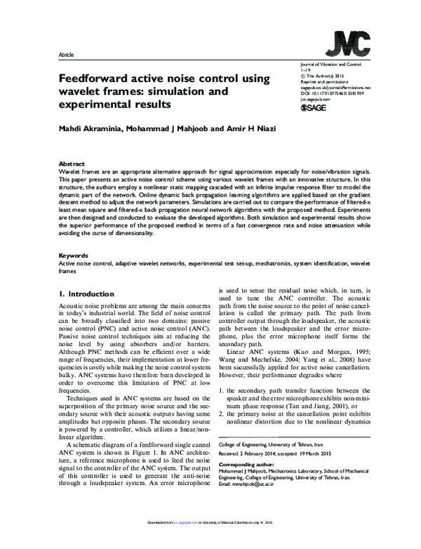 Pdf Feedforward Active Noise Control Using Wavelet Frames Simulation