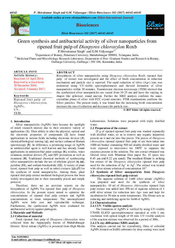(PDF) Green synthesis and antibacterial activity of silver nanoparticles from ripened fruit pulp ...