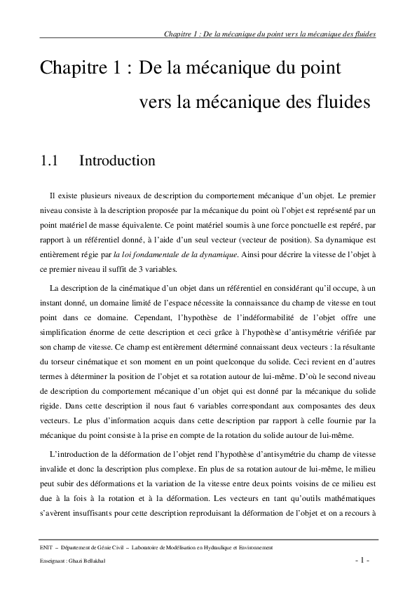 (PDF) Chapitre I De la mécanique du point vers la mécanique des fluides