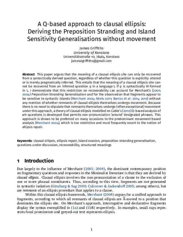 (PDF) A Q-based approach to clausal ellipsis: Deriving the Preposition ...