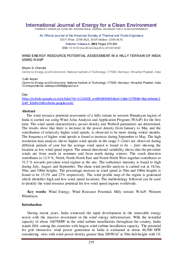 (PDF) WIND ENERGY RESOURCE POTENTIAL ASSESSMENT IN A HILLY TERRAIN OF INDIA USING WASP (3).pdf