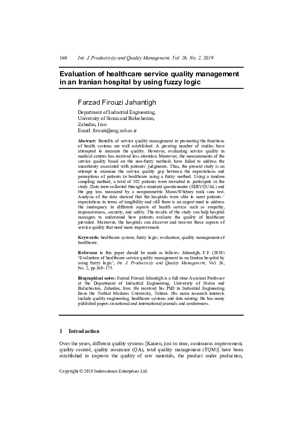 (PDF) Evaluation of healthcare service quality management in an Iranian hospital by using fuzzy ...