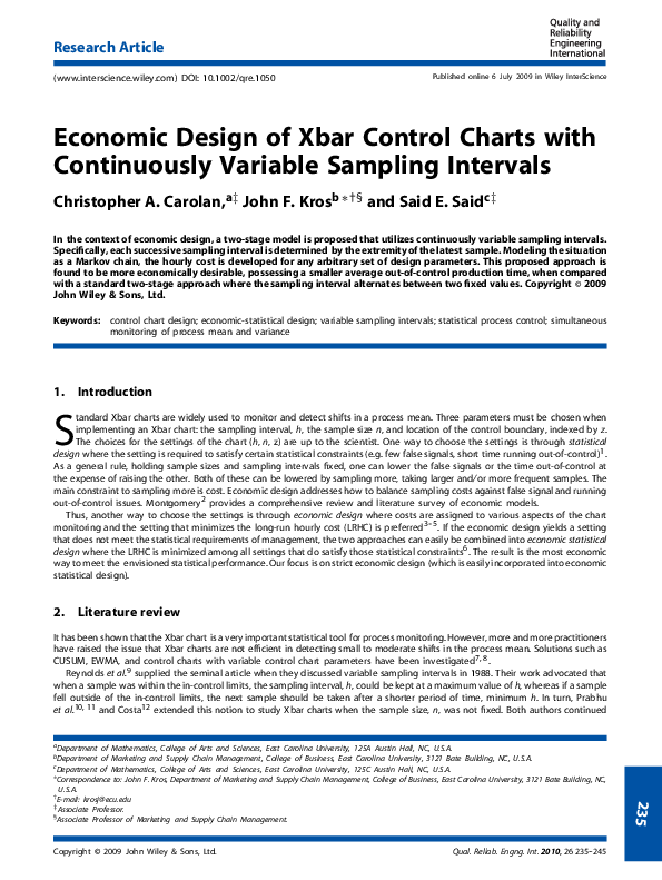 Pdf Economic Design Of Xbar Control Charts With Continuously Variable Sampling Intervals