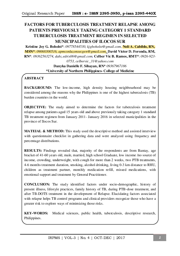 (PDF) Factors for Tuberculosis Treatment Relapse among Patients ...