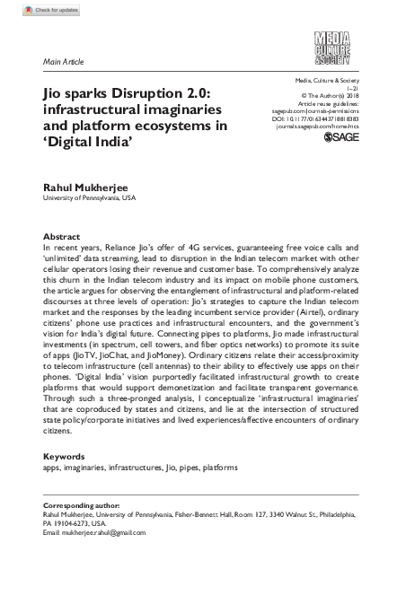 (PDF) Jio Sparks Disruption 2.0: infrastructural imaginaries and ...