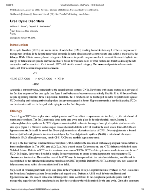 (PDF) Urea Cycle Disorders StatPearls NCBI Bookshelf