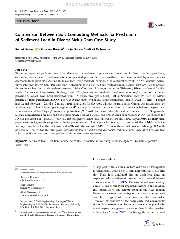 (PDF) Comparison Between Soft Computing Methods for Prediction of Sediment Load in Rivers: Maku ...
