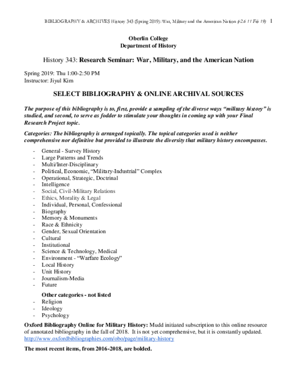 (DOC) Bibliography for HIST 343 Research Seminar: War, Military, and ...